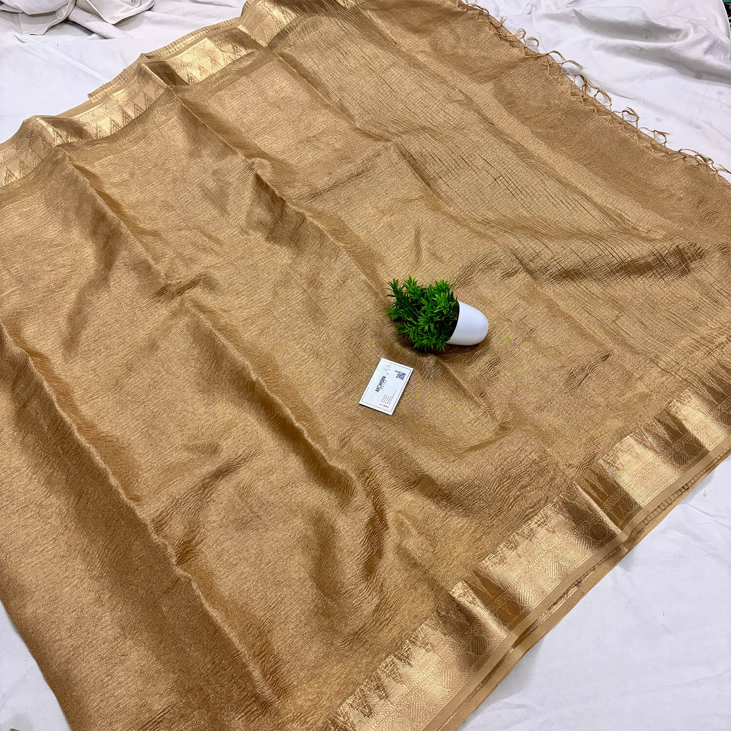Golden Crushed Zari Border Tissue Silk Banarasi Saree – Mohsin Textiles