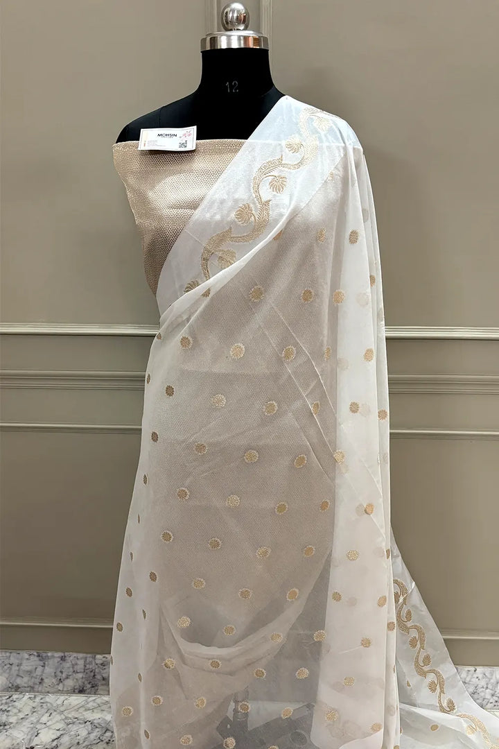 White Golden Zari Raw Mango Silk Banarasi Saree – Mohsin Textiles