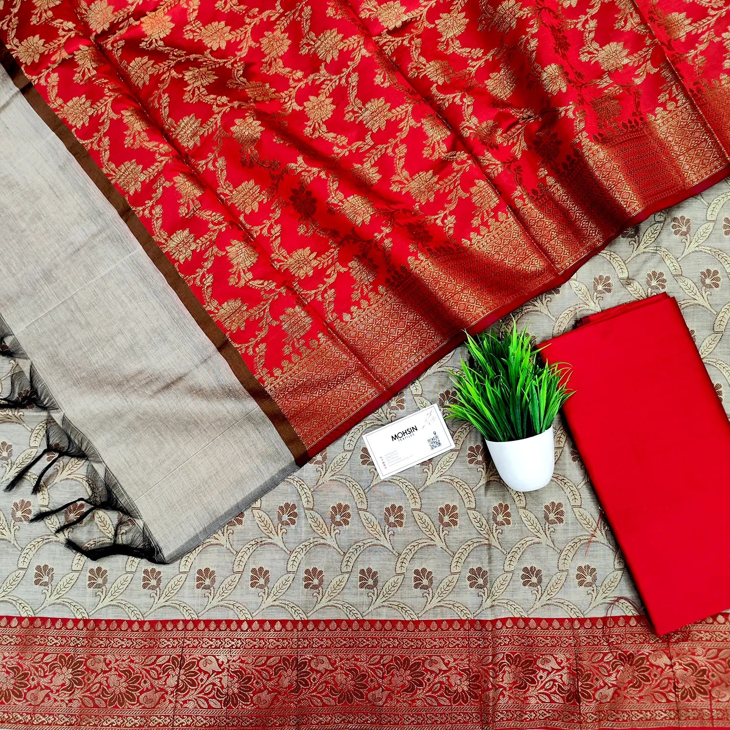Beige and Red Patti Jaal Banarasi Silk Suit – Mohsin Textiles