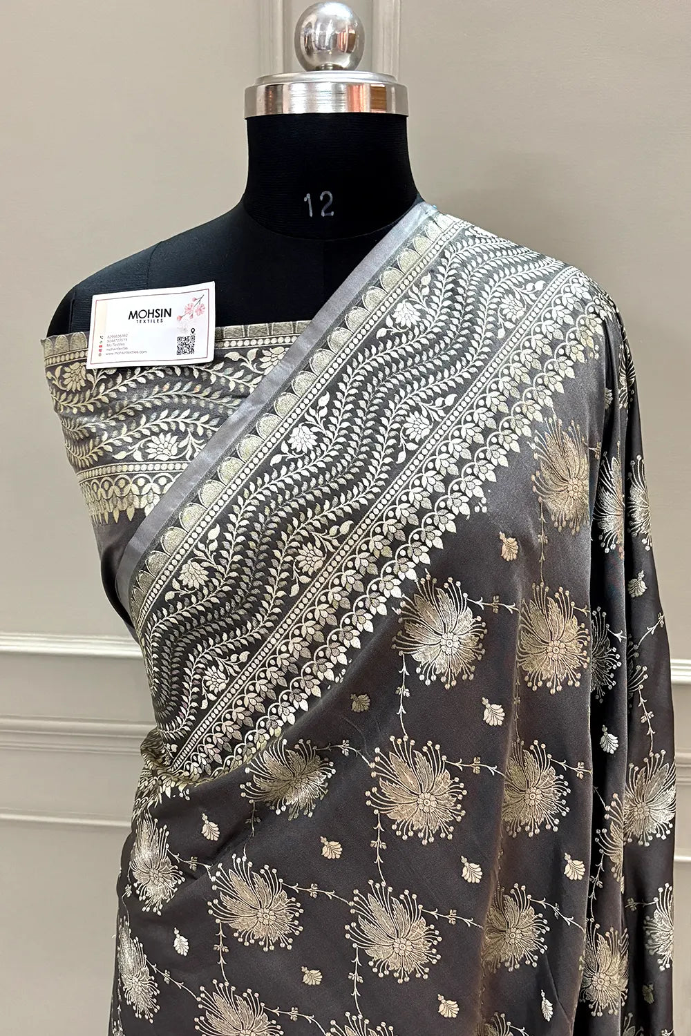 Dark Grey Spider Jaal Katan Silk Banarasi Saree – Mohsin Textiles