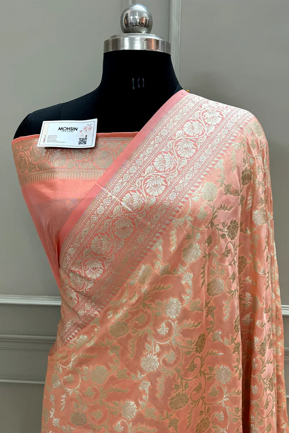 Peach Gulabi Jaal Katan Silk Banarasi Saree – Mohsin Textiles