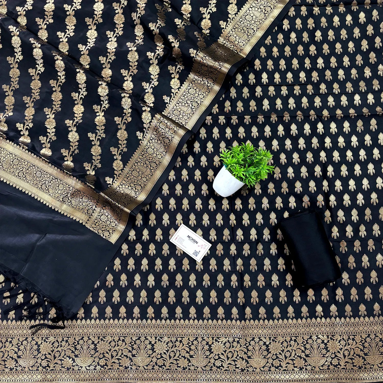 Black Rocket Buti Satin Silk Banarasi Suit – Mohsin Textiles