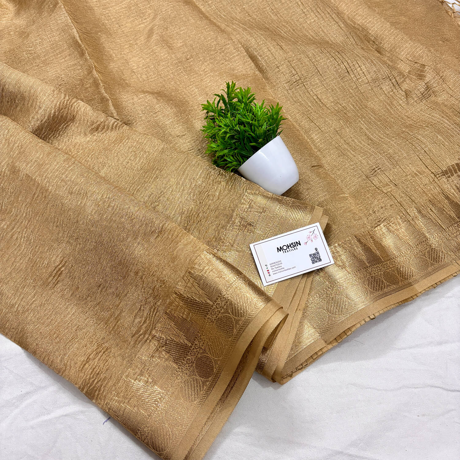 Golden Crushed Zari Border Tissue Silk Banarasi Saree – Mohsin Textiles