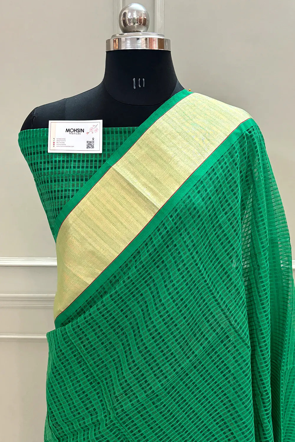 Green Check Plain Chanderi Silk Banarasi Saree – Mohsin Textiles