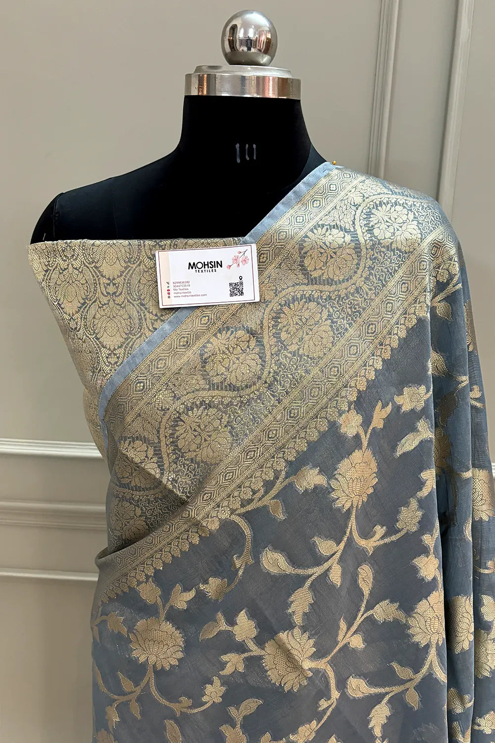 Grey Lotus Jaal Chanderi Silk Banarasi Saree – Mohsin Textiles
