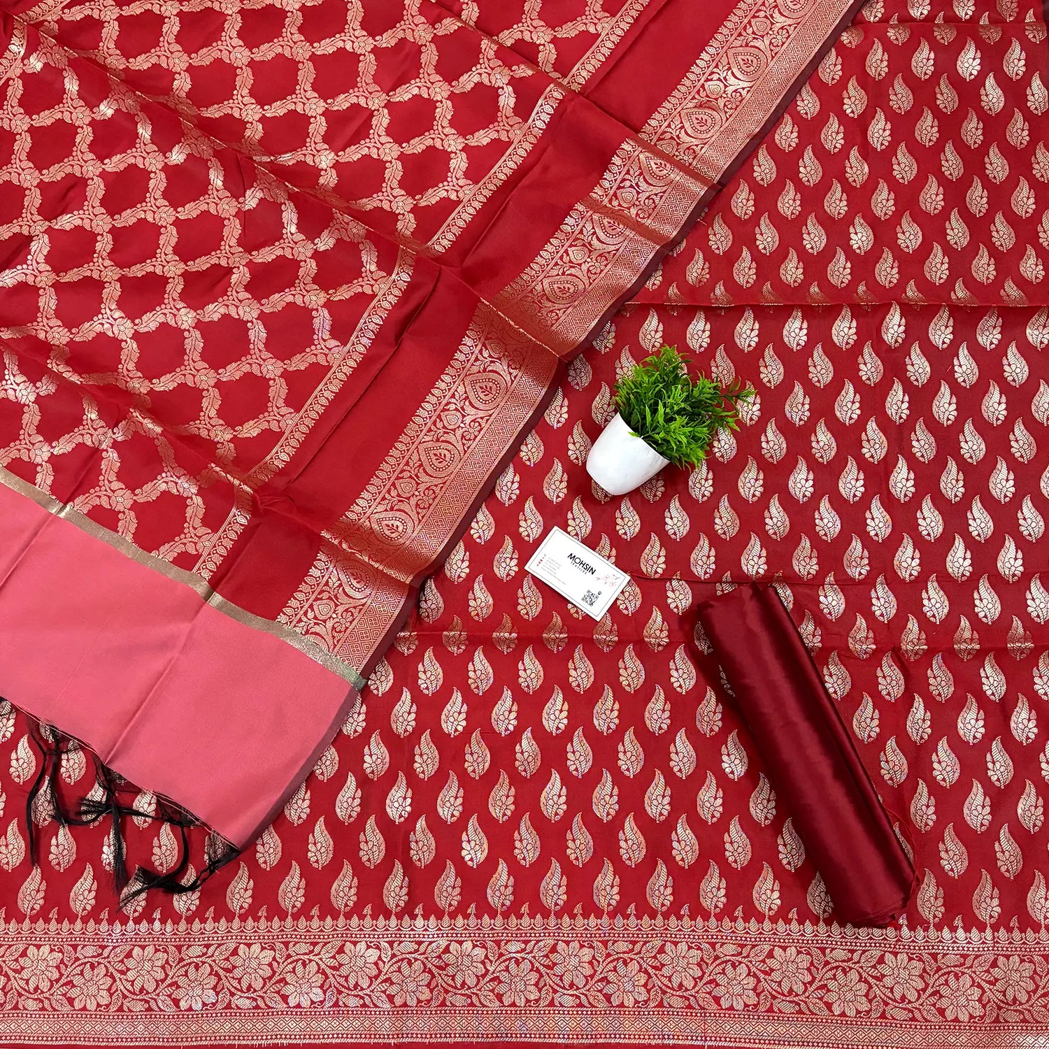 Red Agnipath Buti Satin Silk Banarasi Suit – Mohsin Textiles