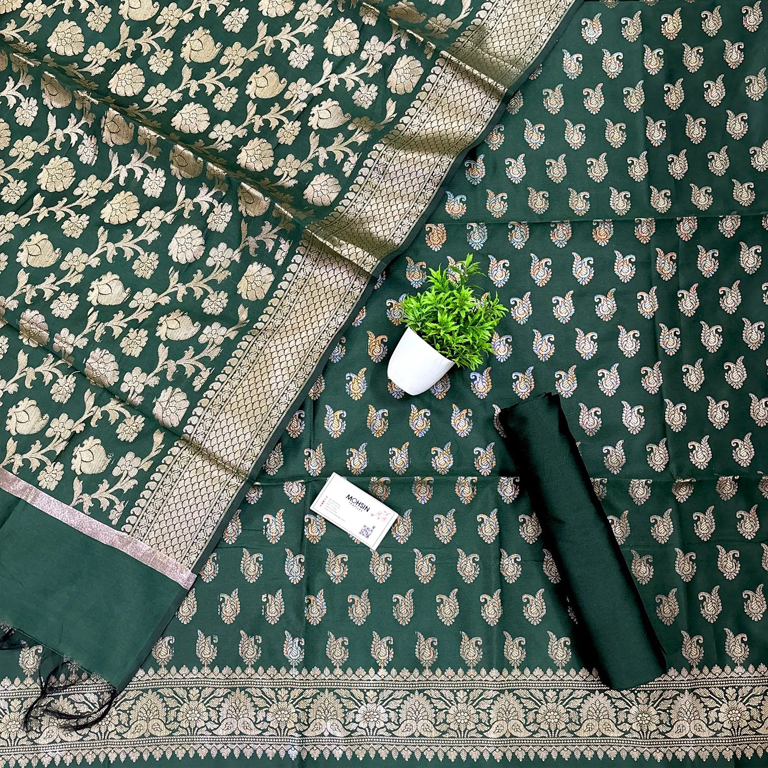 Bottle Green Chirag Buti Satin Silk Banarasi Suit – Mohsin Textiles