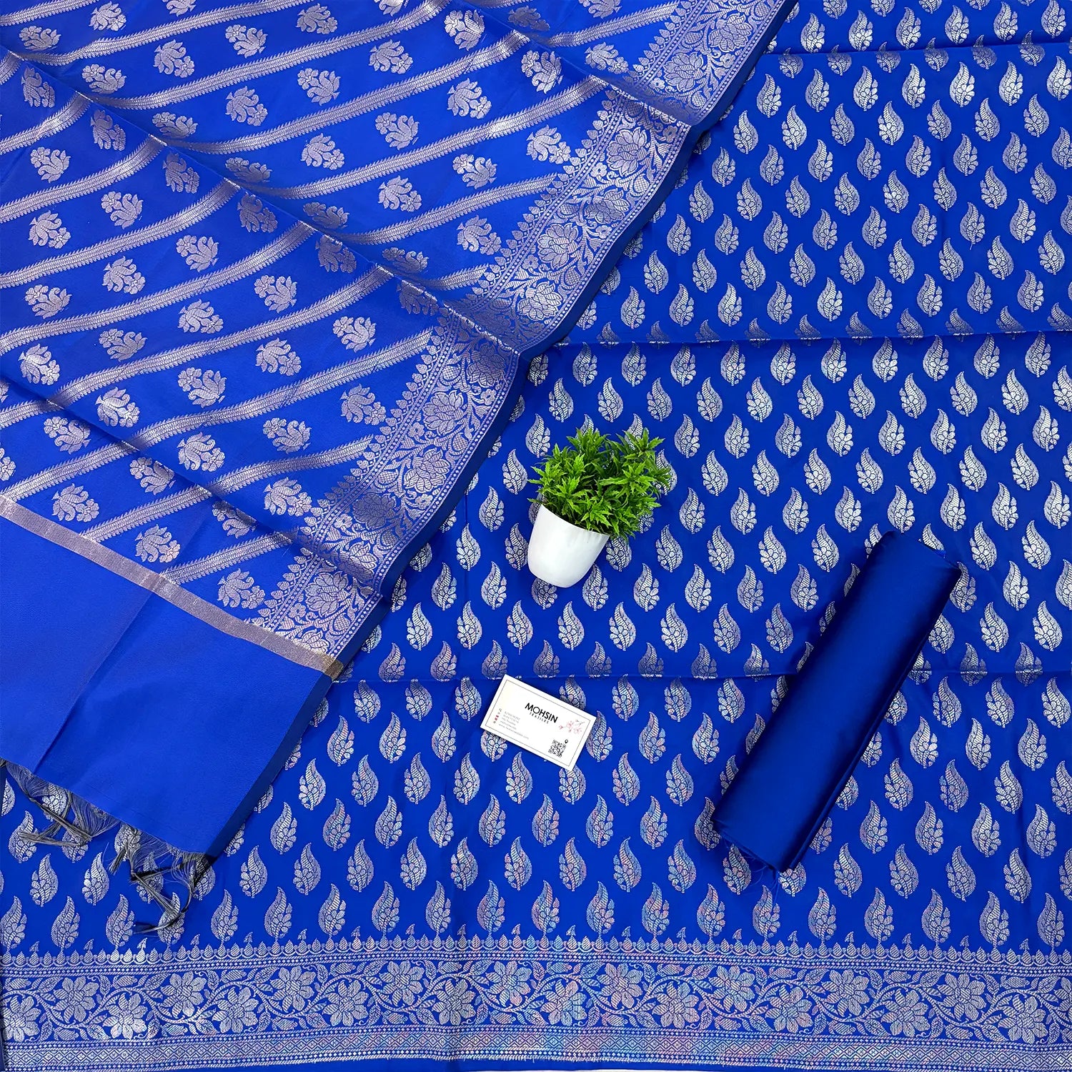 Royal Blue Agnipath Buti Satin Silk Banarasi Suit – Mohsin Textiles