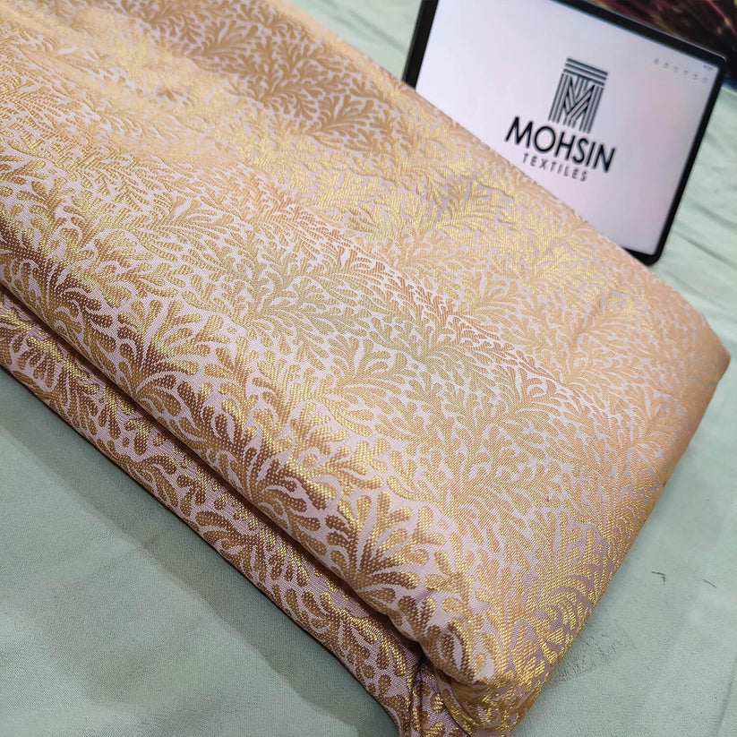 Baby Pink Dhaniya Golden Zari Satin Silk Fabric – Mohsin Textiles
