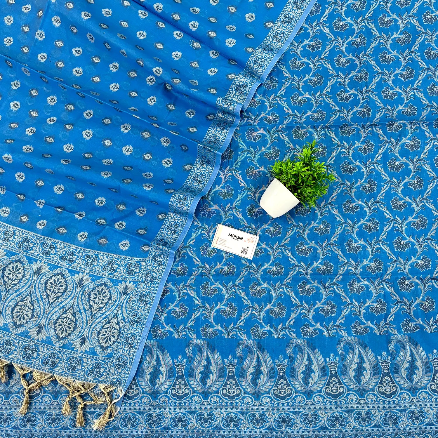 Dark Firozi Surahi Jaal Cotton Silk Banarasi Suit – Mohsin Textiles