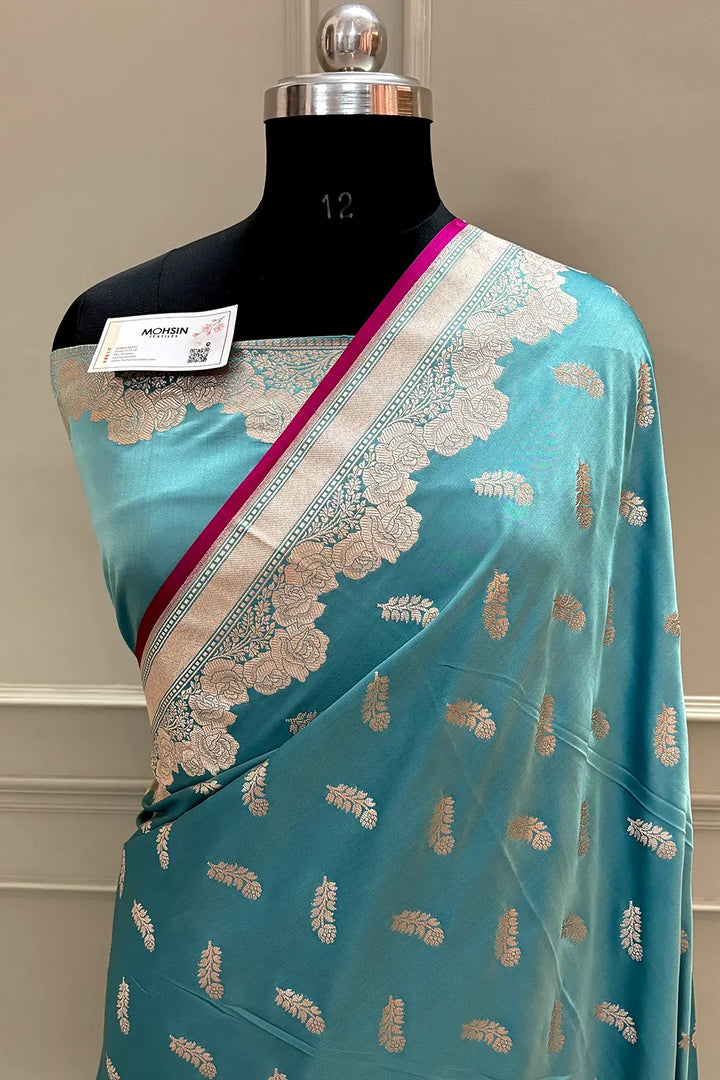 Firozi Kanak Buti Katan Silk Banarasi Saree – Mohsin Textiles