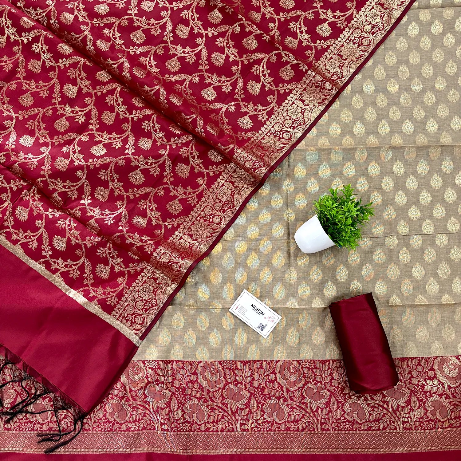 Beige and Maroon Gulkan Buti Satin Silk Banarasi Suit – Mohsin Textiles