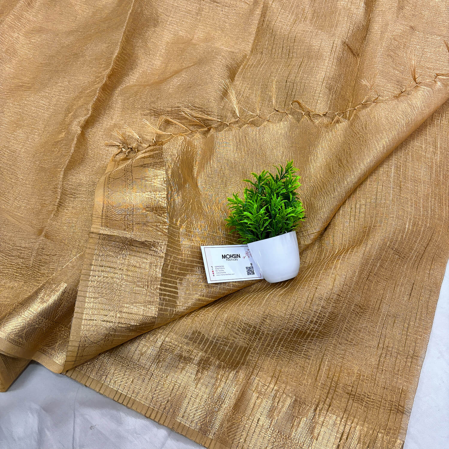 Golden Crushed Zari Border Tissue Silk Banarasi Saree – Mohsin Textiles