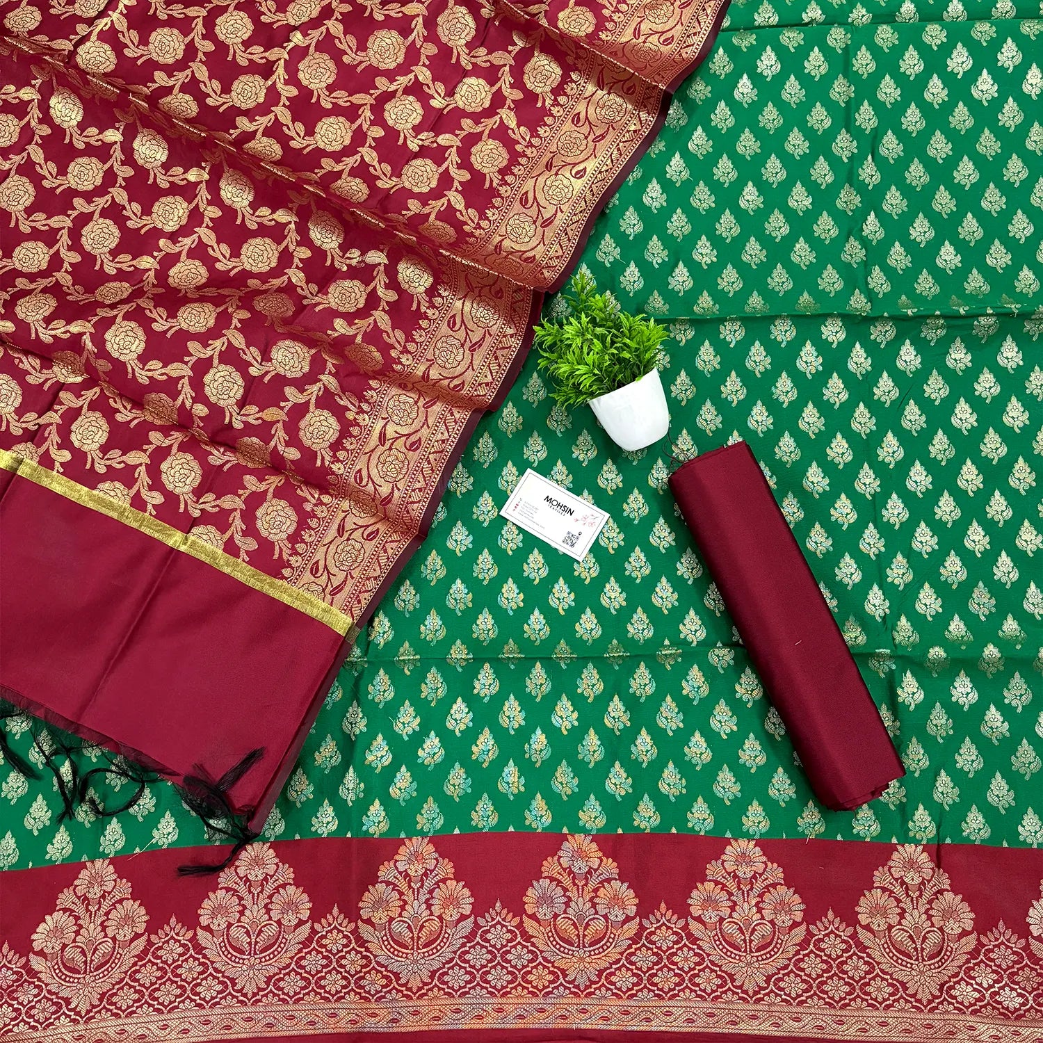 Green and Maroon Podha Satin Silk Banarasi Suit – Mohsin Textiles