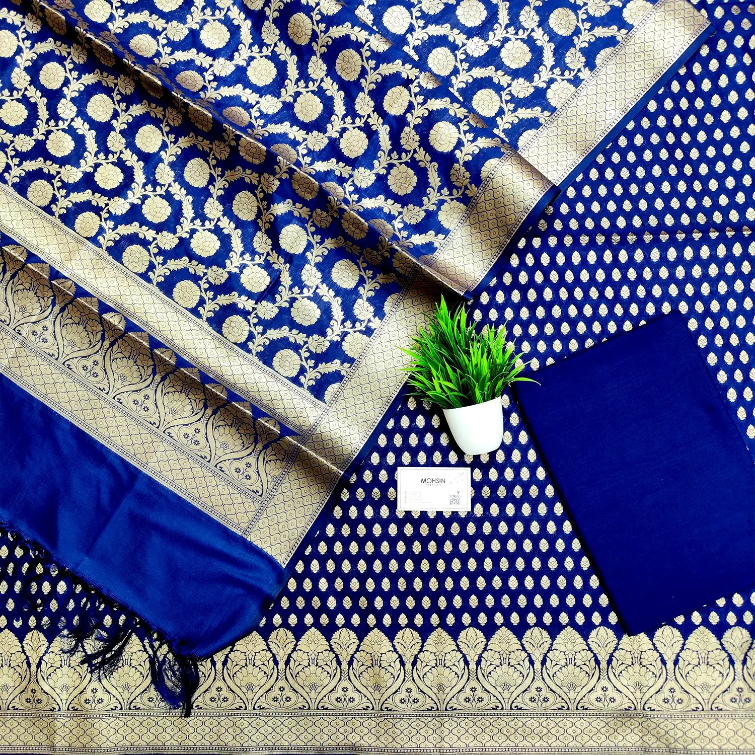Navy Blue Kalli Buti Katan Silk Banarasi Suit – Mohsin Textiles
