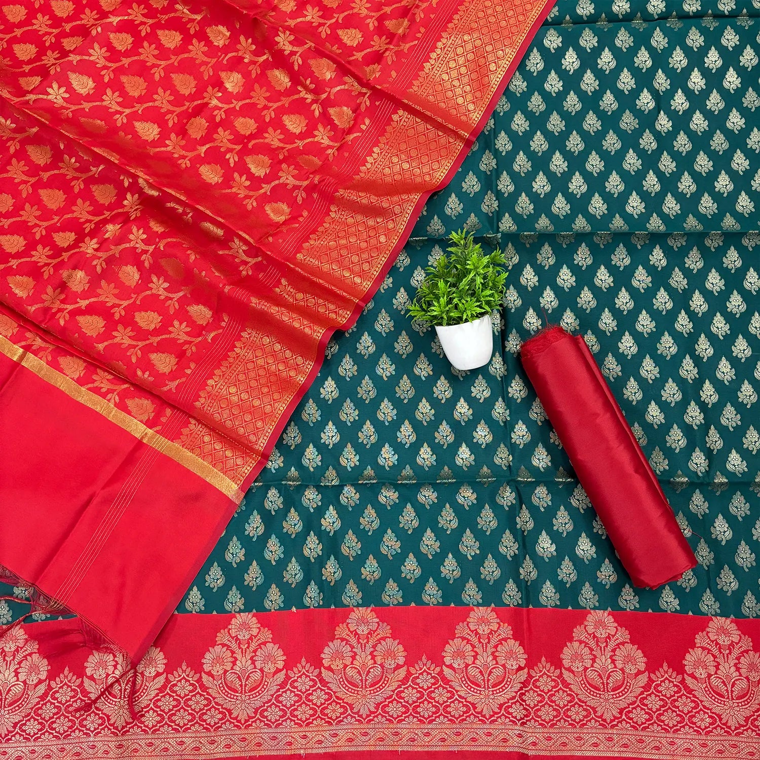 Teal and Red Podha Satin Silk Banarasi Suit – Mohsin Textiles