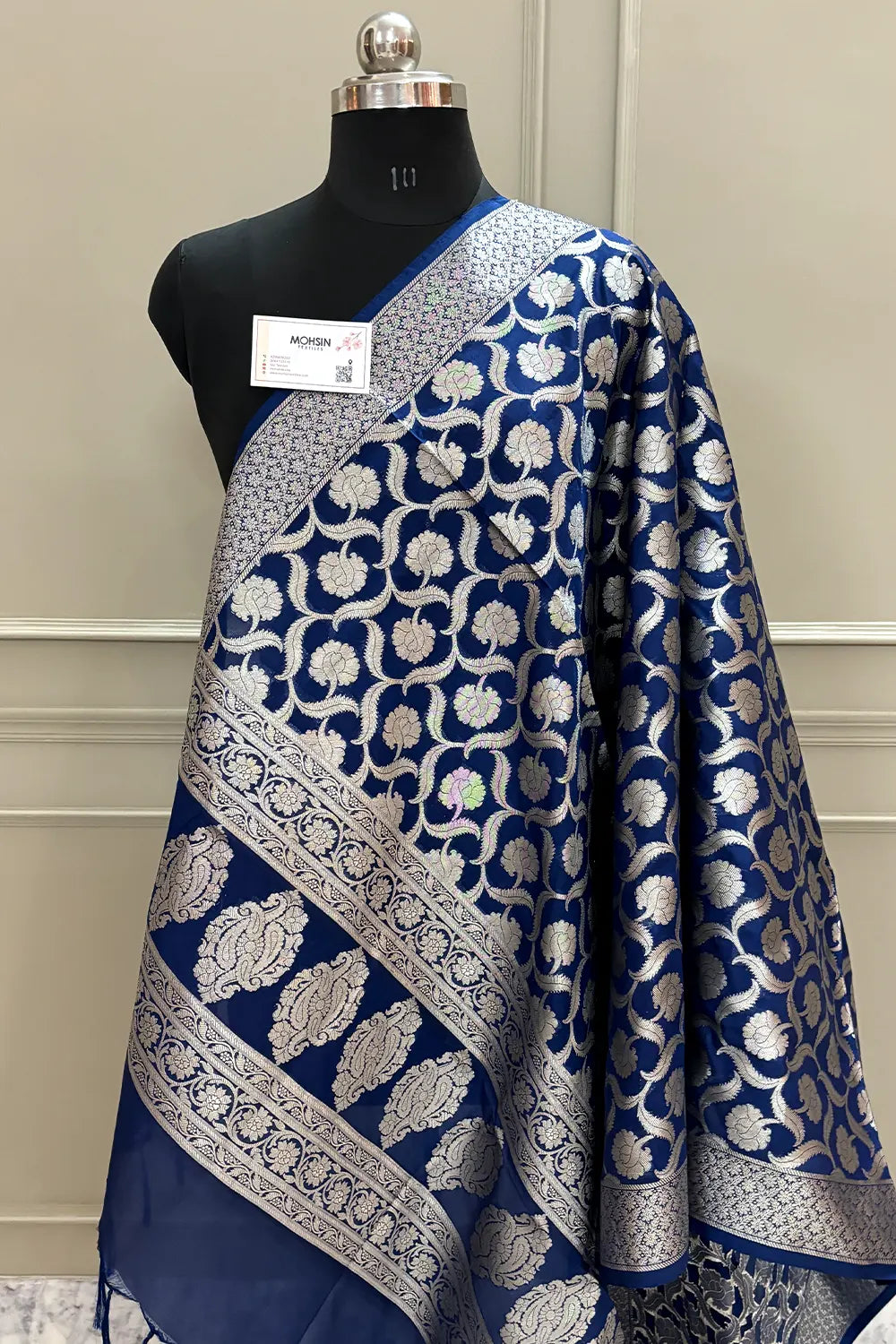Navy Blue Patti Jaal Katan Silk Banarasi Dupatta – Mohsin Textiles