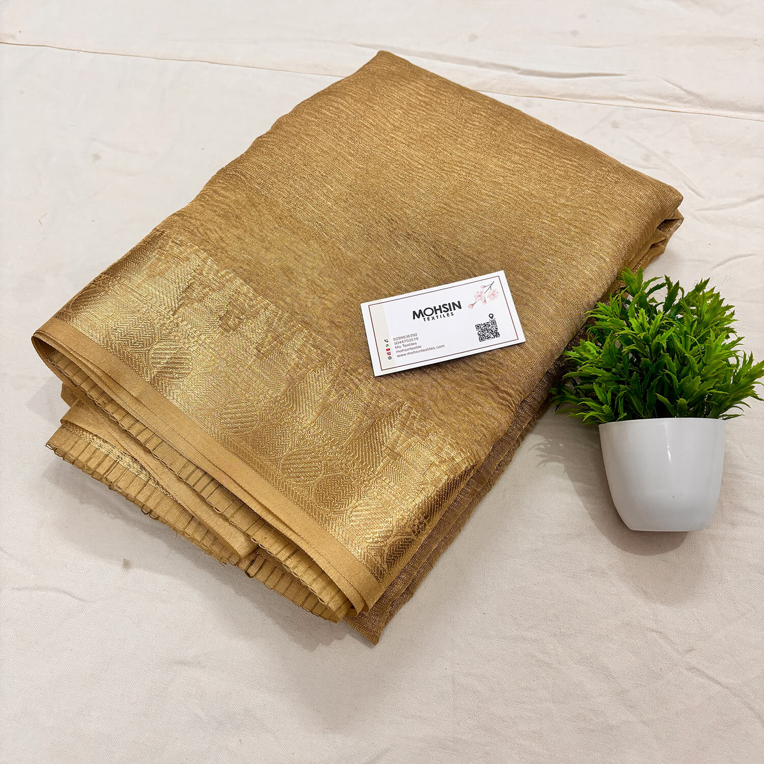 Golden Crushed Zari Border Tissue Silk Banarasi Saree – Mohsin Textiles