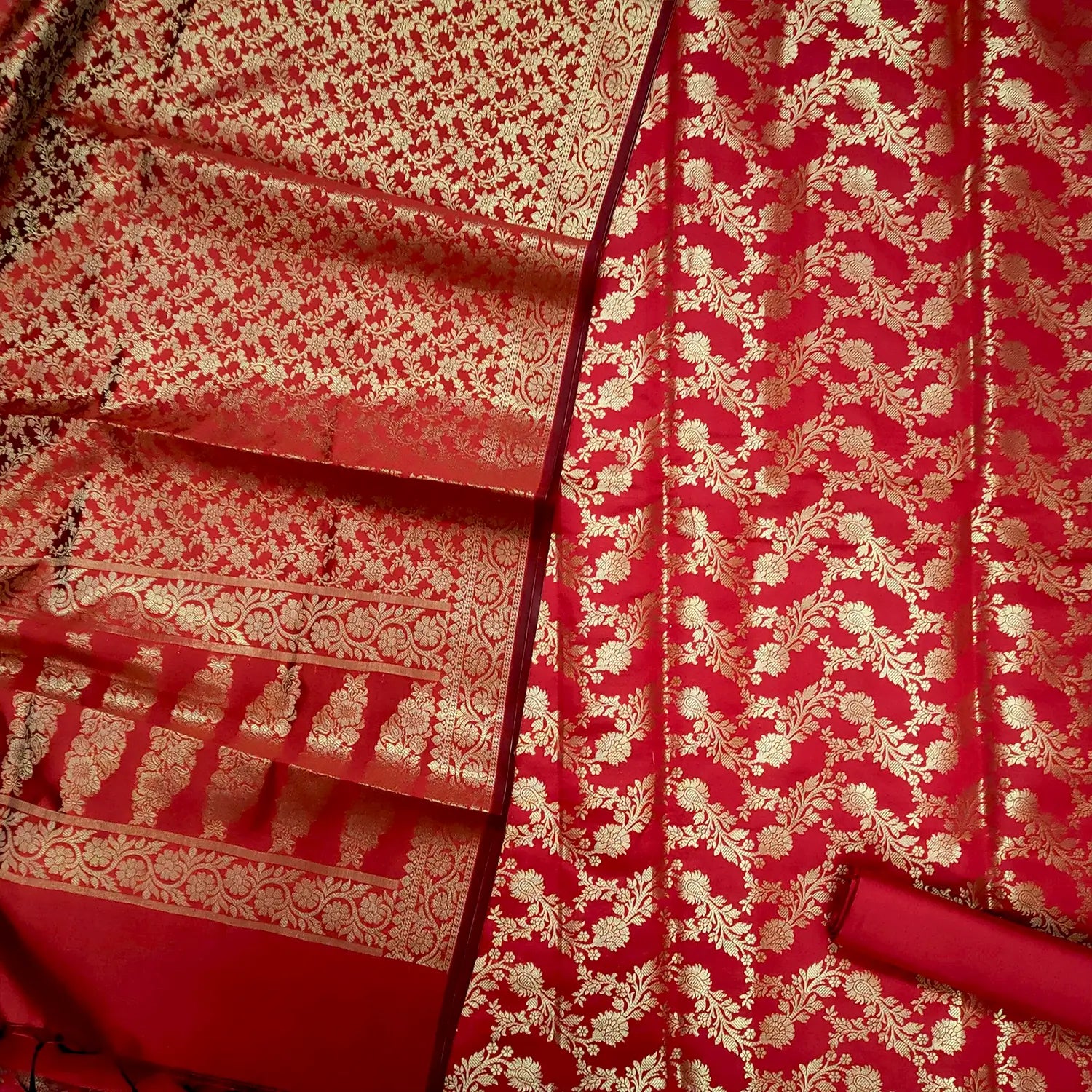 Red Moglai Jaal Satin Silk Banarasi Suit – Mohsin Textiles