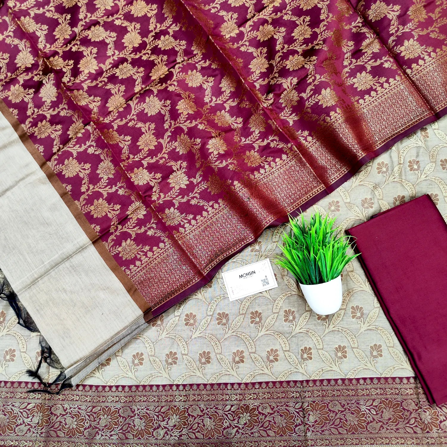 Beige and Maroon Patti Jaal Banarasi Silk Suit – Mohsin Textiles