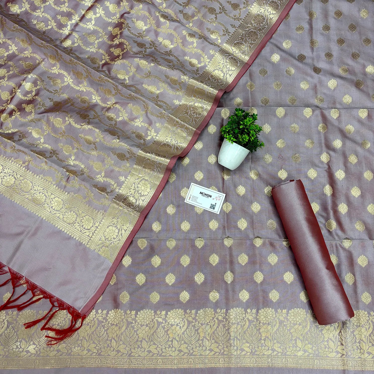 Mauve Kiyari Buti Satin Silk Banarasi Suit – Mohsin Textiles