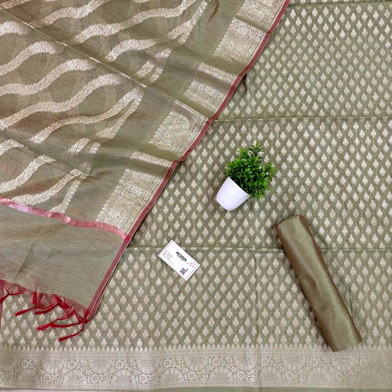 Olive Green Chidiya Buti Banarasi Silk Suit – Mohsin Textiles