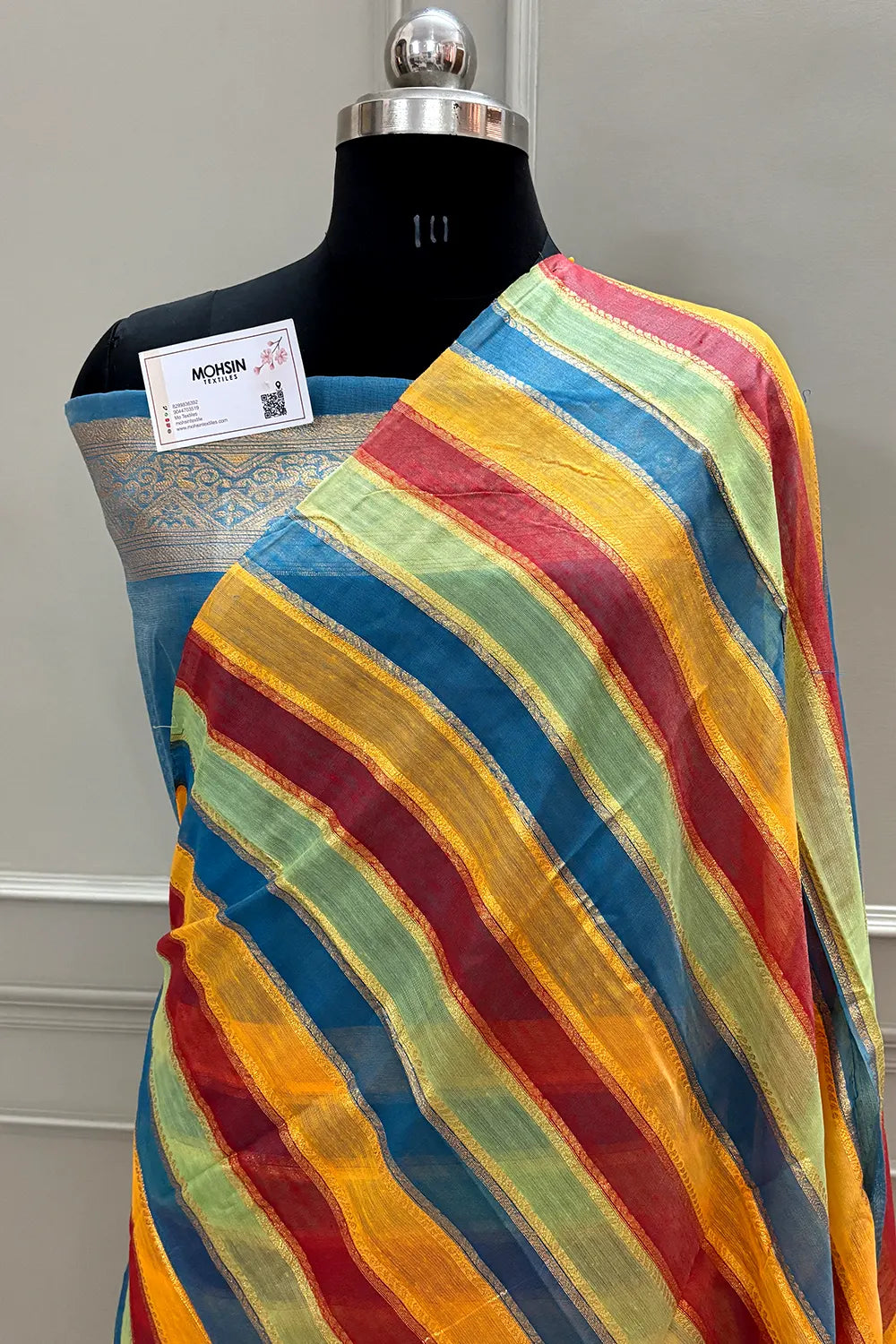 Firozi and Multi Resham Zari Cotton Silk Banarasi Saree – Mohsin Textiles