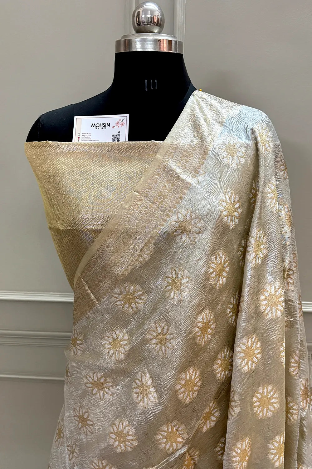 White Golden Zari Crush Tissue Silk Banarasi Saree – Mohsin Textiles