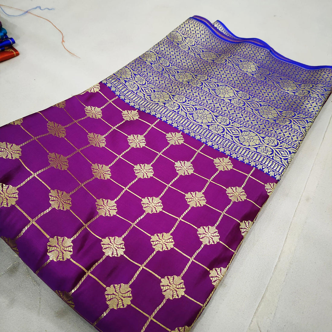 Purple Off Lahenga Pattern Katan Silk Fabric – Mohsin Textiles