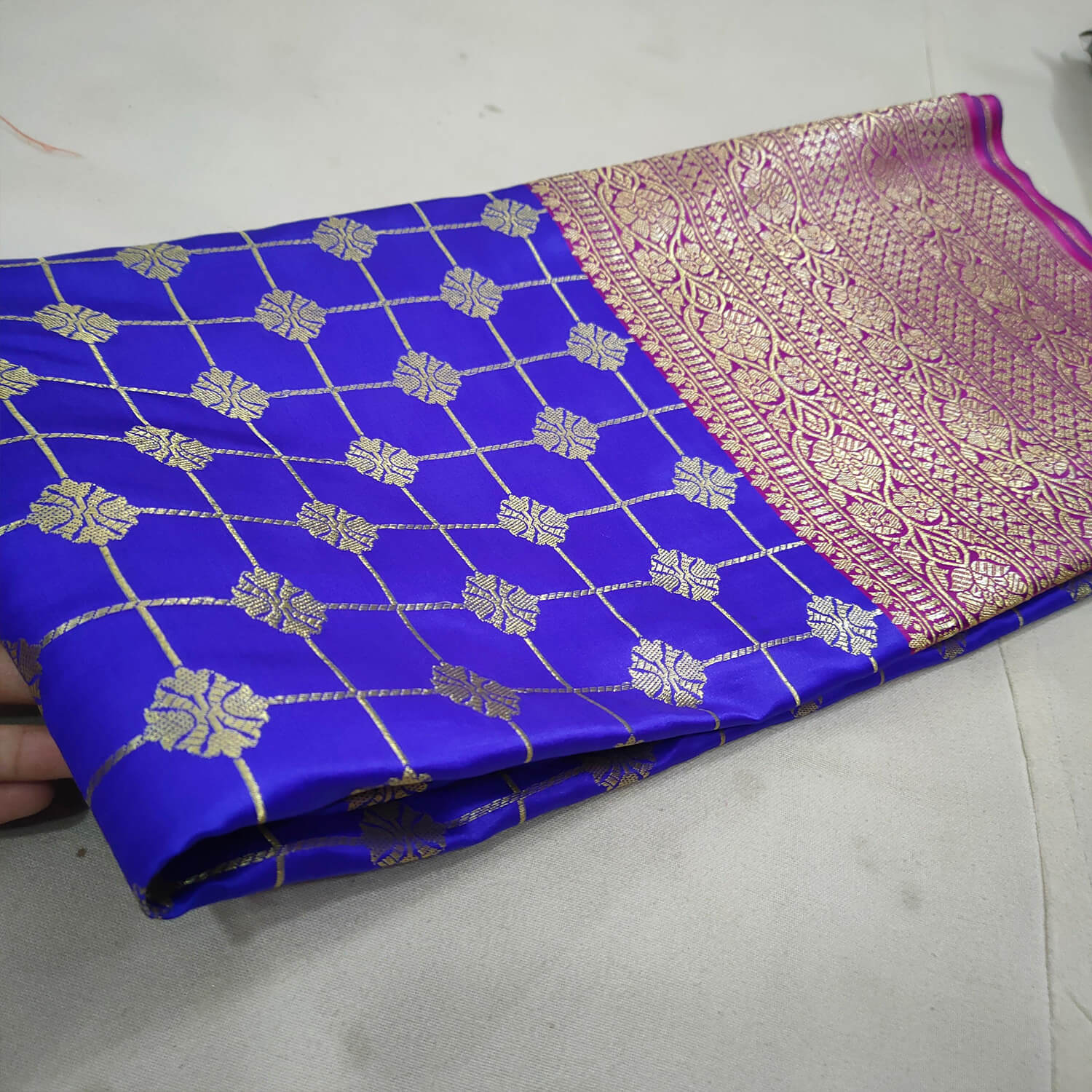 Royal Blue Off Lahenga Pattern Katan Silk Fabric – Mohsin Textiles