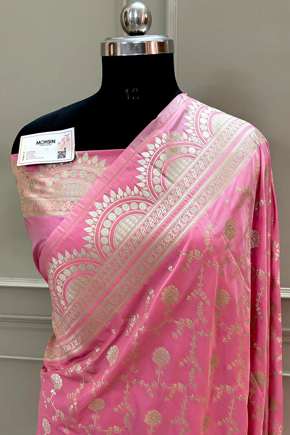 Baby Pink Quantum Jaal Katan Silk Banarasi Saree – Mohsin Textiles