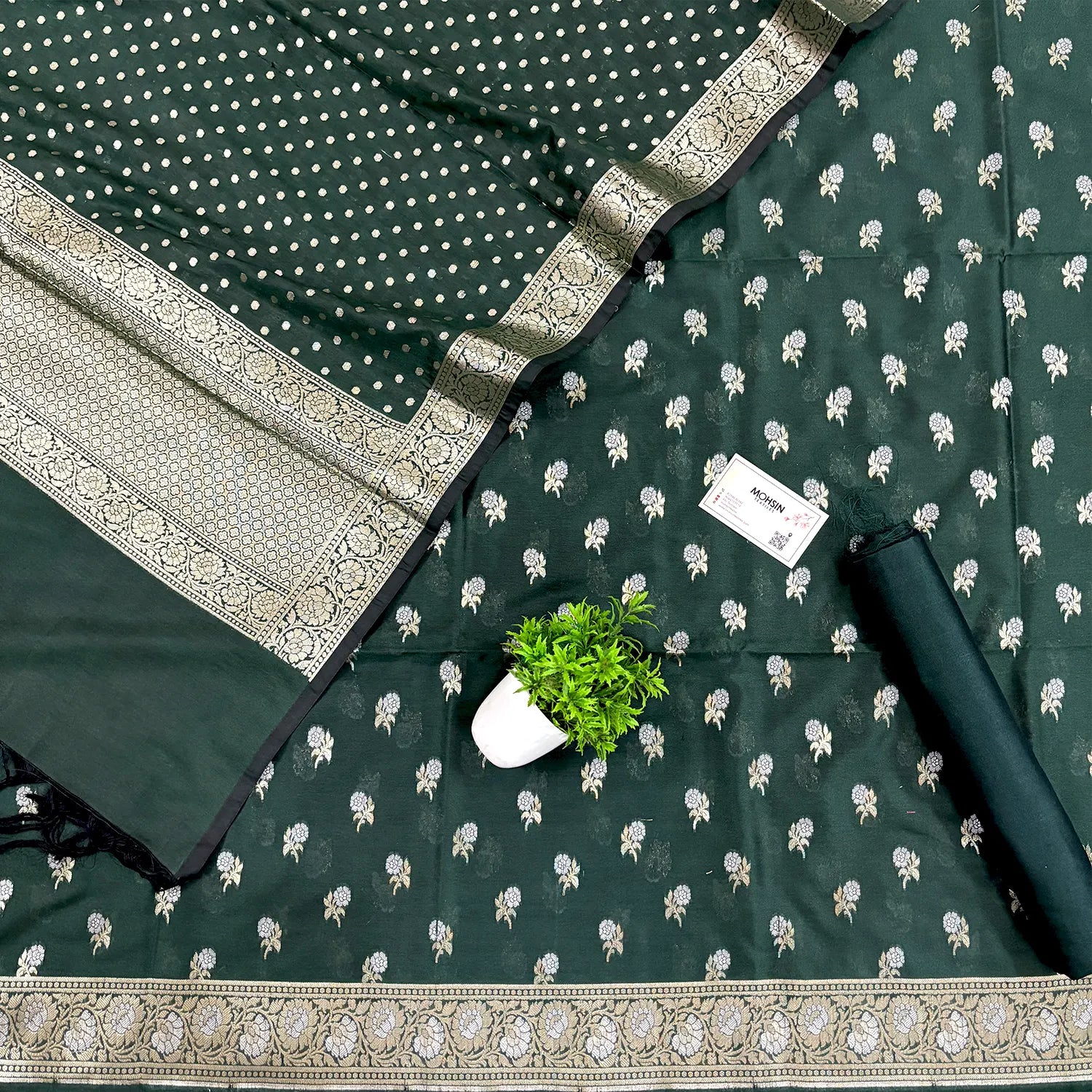 Bottle Green Zari Katan Silk Banarasi Suit – Mohsin Textiles