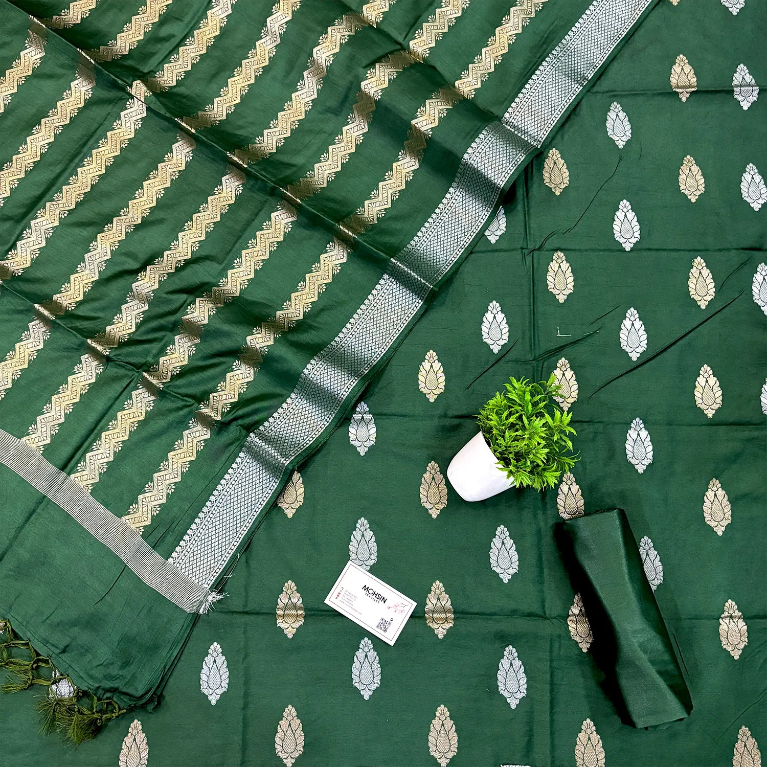 Bottle Green Zari Satin Silk Banarasi Suit – Mohsin Textiles