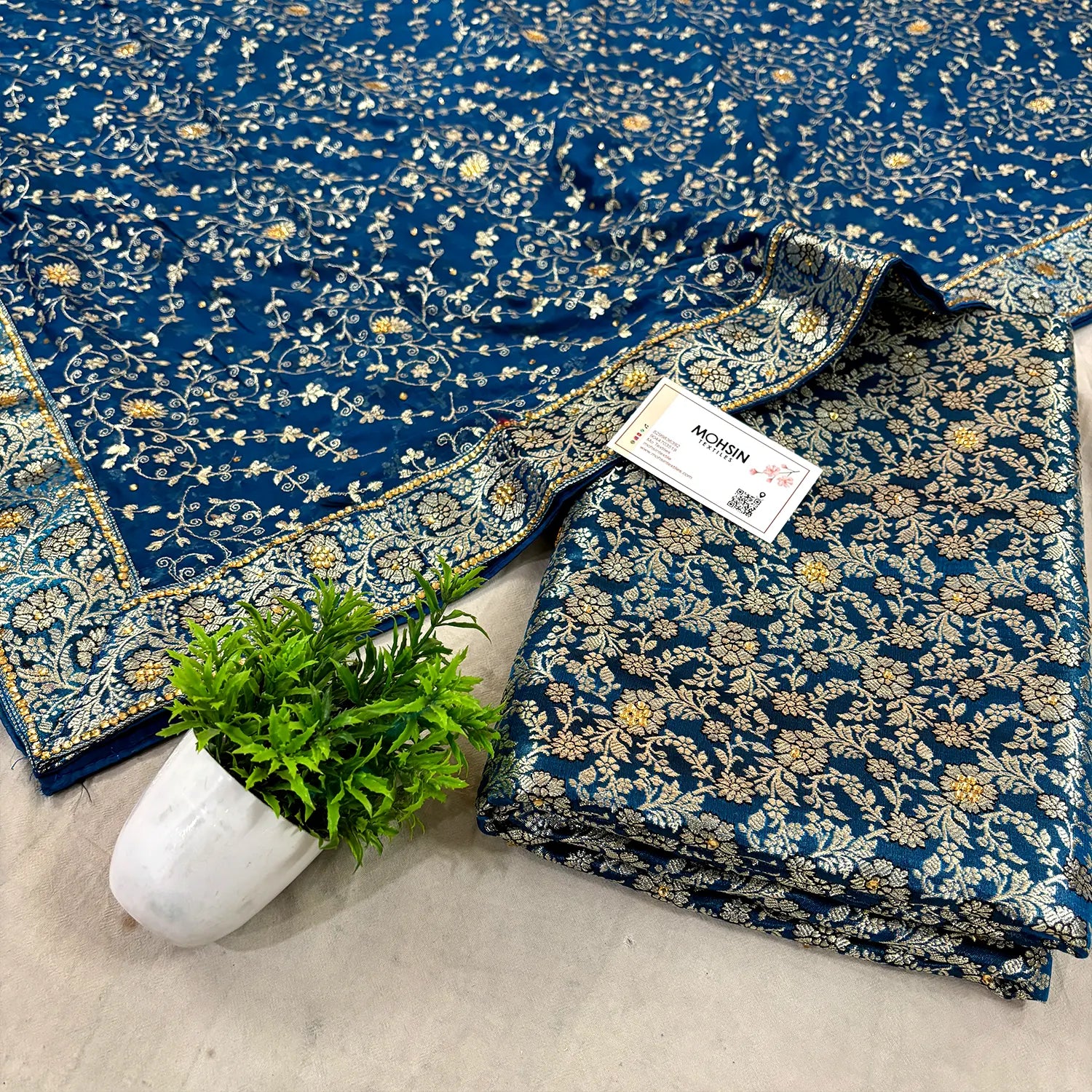 Dark Blue Stone Work Kimkhab Silk Banarasi Gharara – Mohsin Textiles