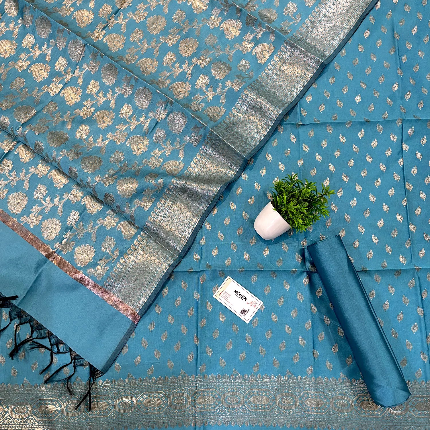 Firozi Sunehri Pankh Satin Silk Banarasi Suit – Mohsin Textiles