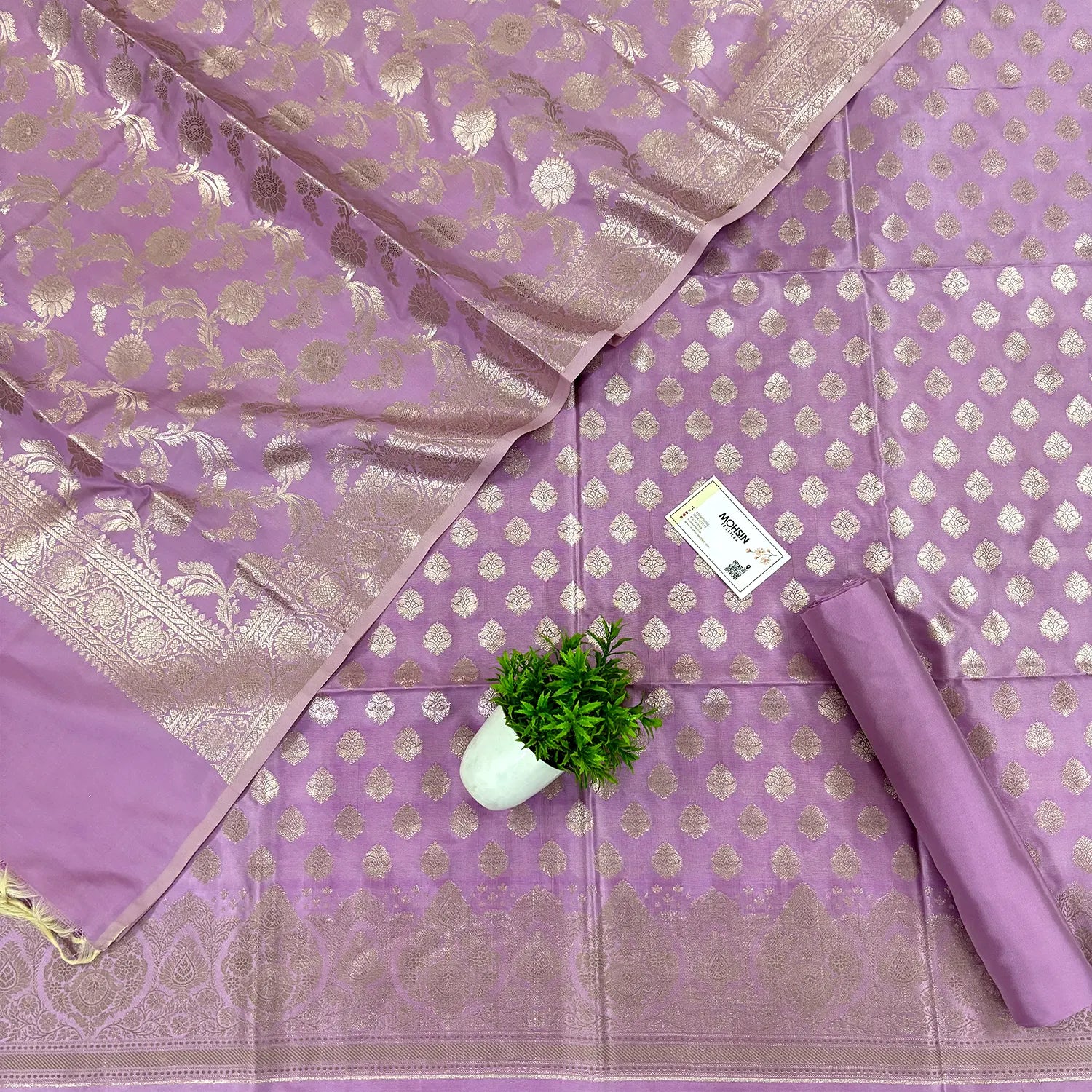 Lavender Singhasan Buti Satin Silk Banarasi Suit – Mohsin Textiles