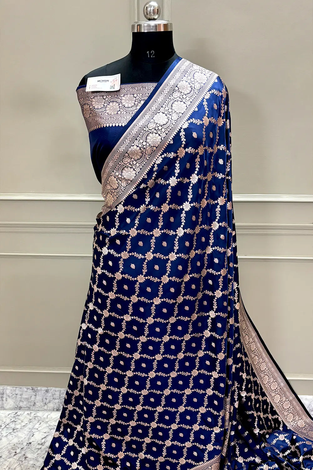 Navy Blue Qaidi Buti Katan Silk Banarasi Saree – Mohsin Textiles