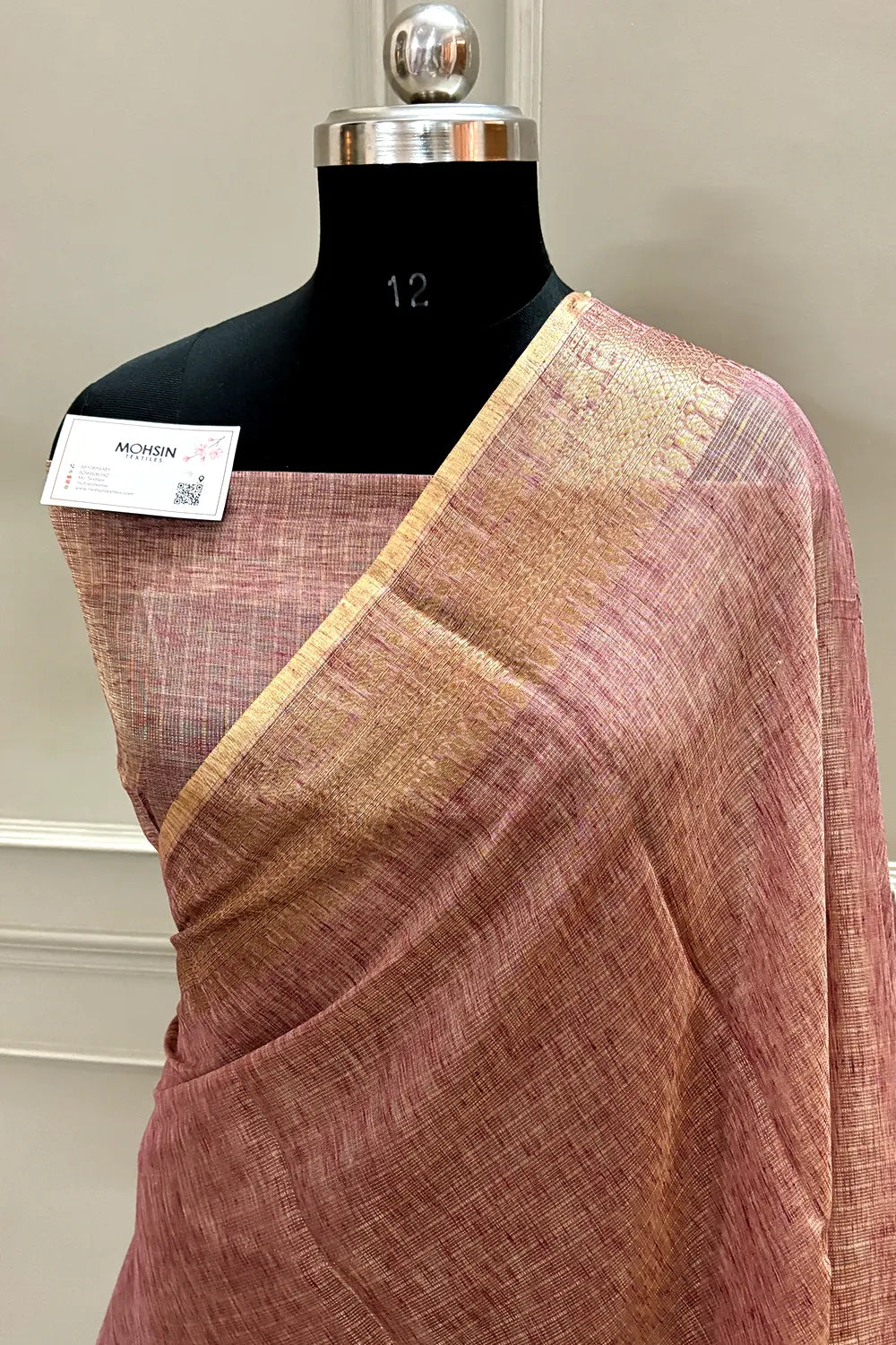 Peach Linen Silk Banarasi Saree – Mohsin Textiles