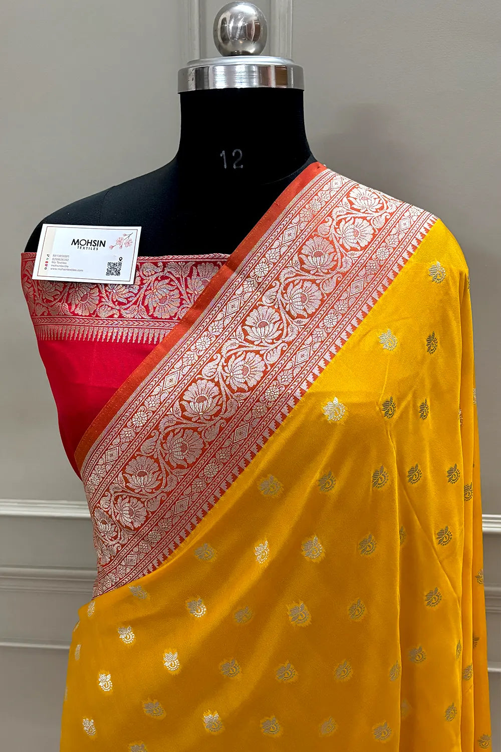 Yellow and Red Ghonga Buti Katan Silk Banarasi Saree – Mohsin Textiles